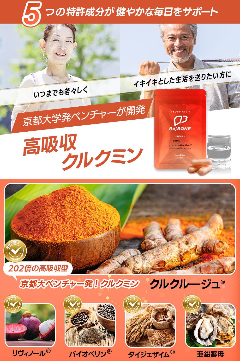 【5種類の特許成分配合】 Re;BONE（リボーン） 高吸収型クルクミン 配合 サプリメント 90粒 – クルクミンサプリのKIGASURE【公式】